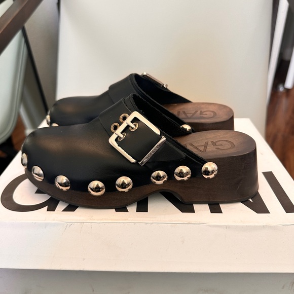 Ganni | Shoes | Ganni Black Leather Clogs With Silver Accents | Poshmark